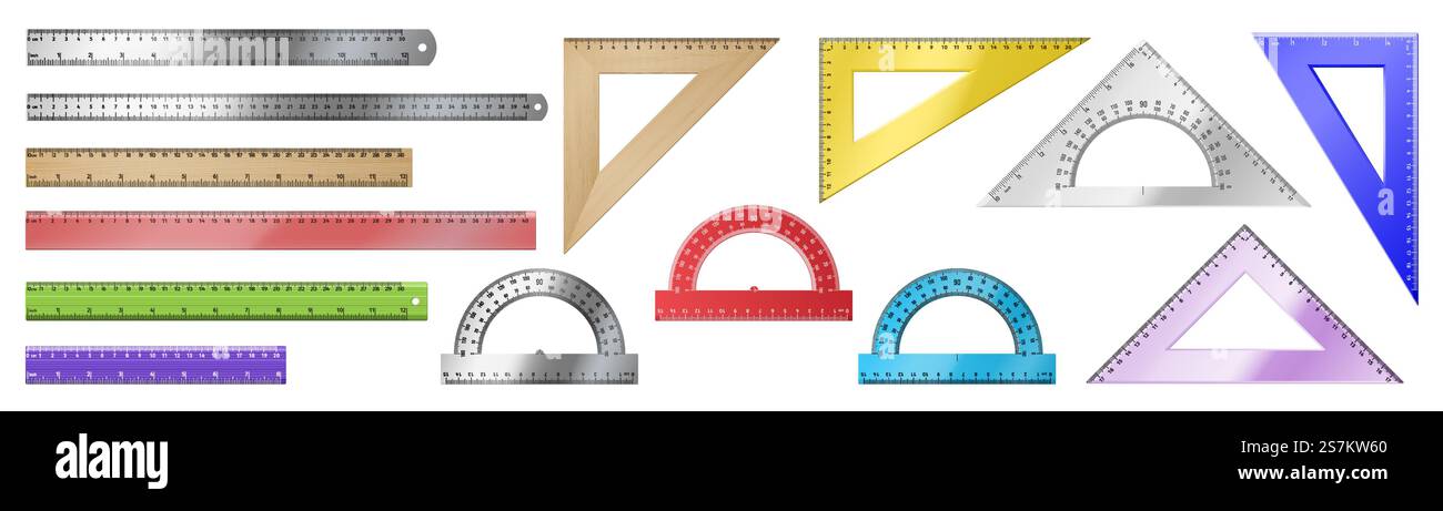 Set of realistic measuring tool: triangular rulers, simple rulers ...