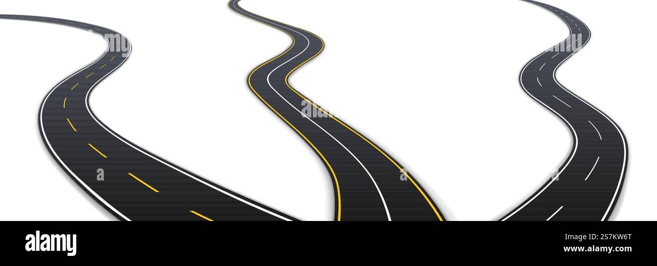 Curved highway road set 3d realistic street pathway from black asphalt ...