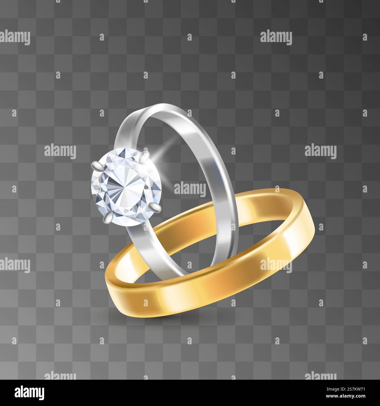 Golden and silver wedding rings decorated with precious stones diamonds for ceremony of marriage ...