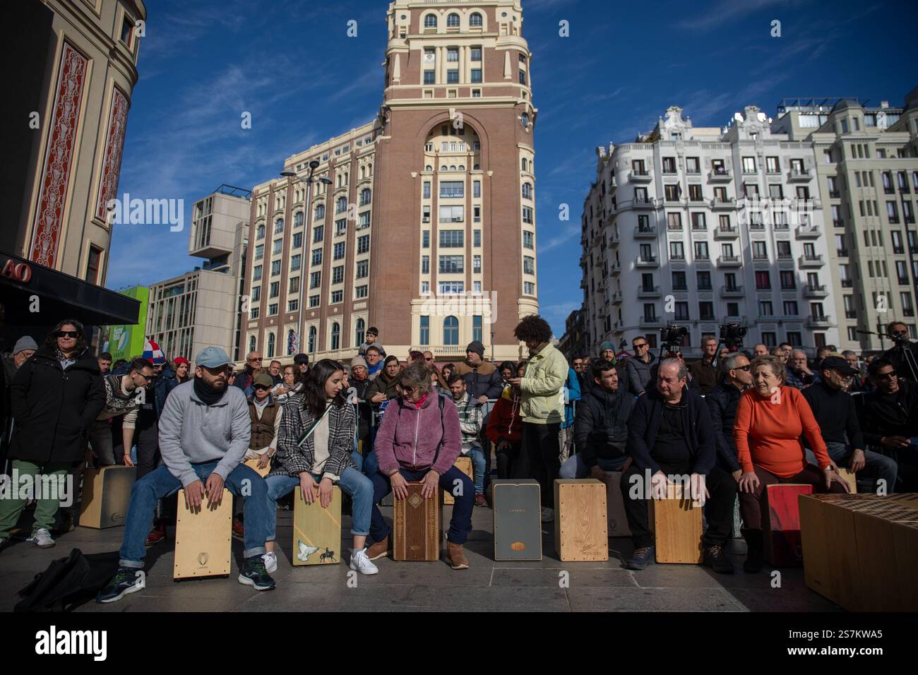 A crowd of people takes part in "cajoneada", an event in Madrid’s Plaza ...