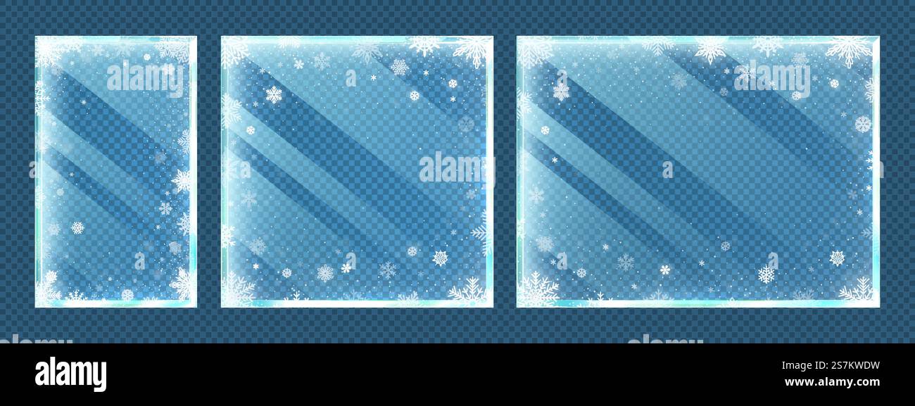 Frozen glass frames with snowflakes. Winter window border set with snow ...