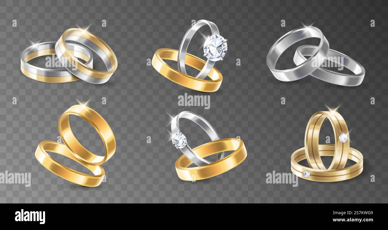 Realistic 3d shining set of engagement wedding silver and gold plated ...