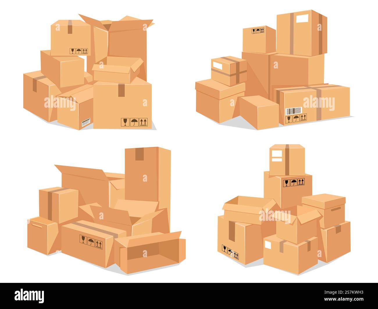 Carton box stack. Big pile of delivery brown cardboard boxes. Cartoon ...