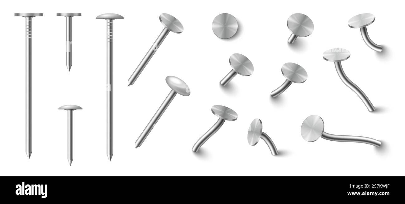 Set of realistic nails straight hammered into wall with steel or silver ...
