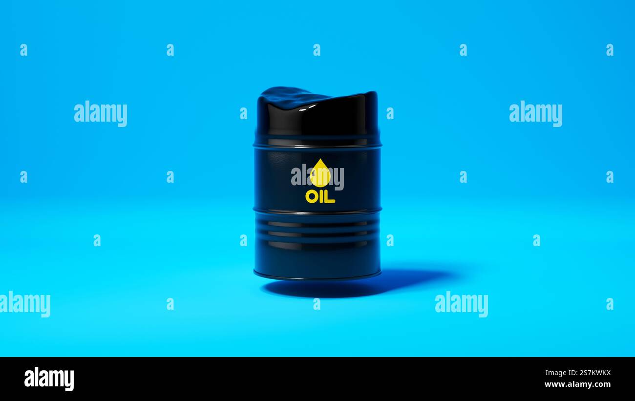 Split view of black metal oil barrel with crude oil inside on blue ...