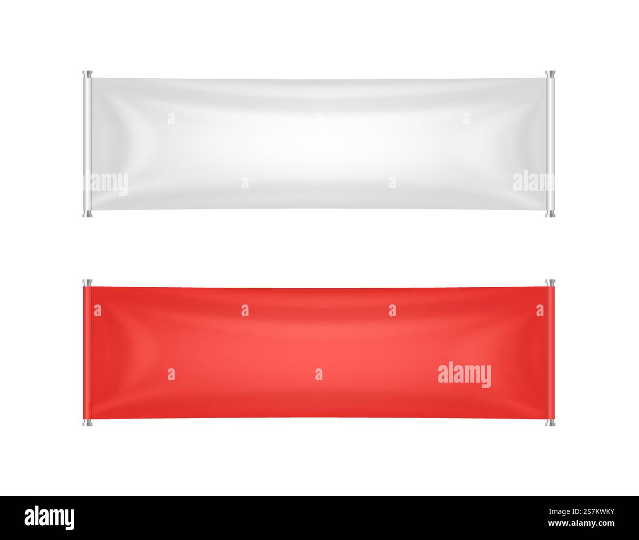 Textile advertising banners. White and red waving fabric signs, blank ...