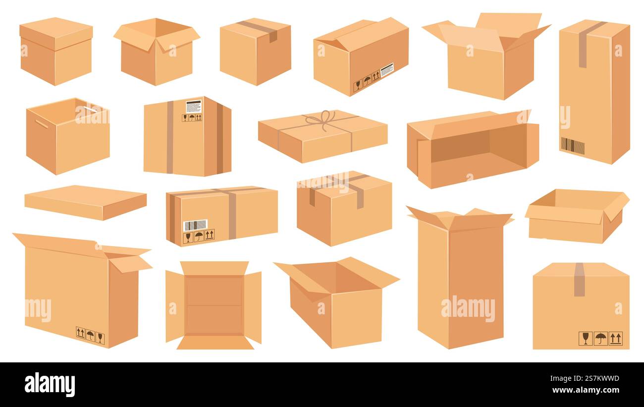 Cardboard boxes. Cartoon brown carton package. Open and closed delivery ...