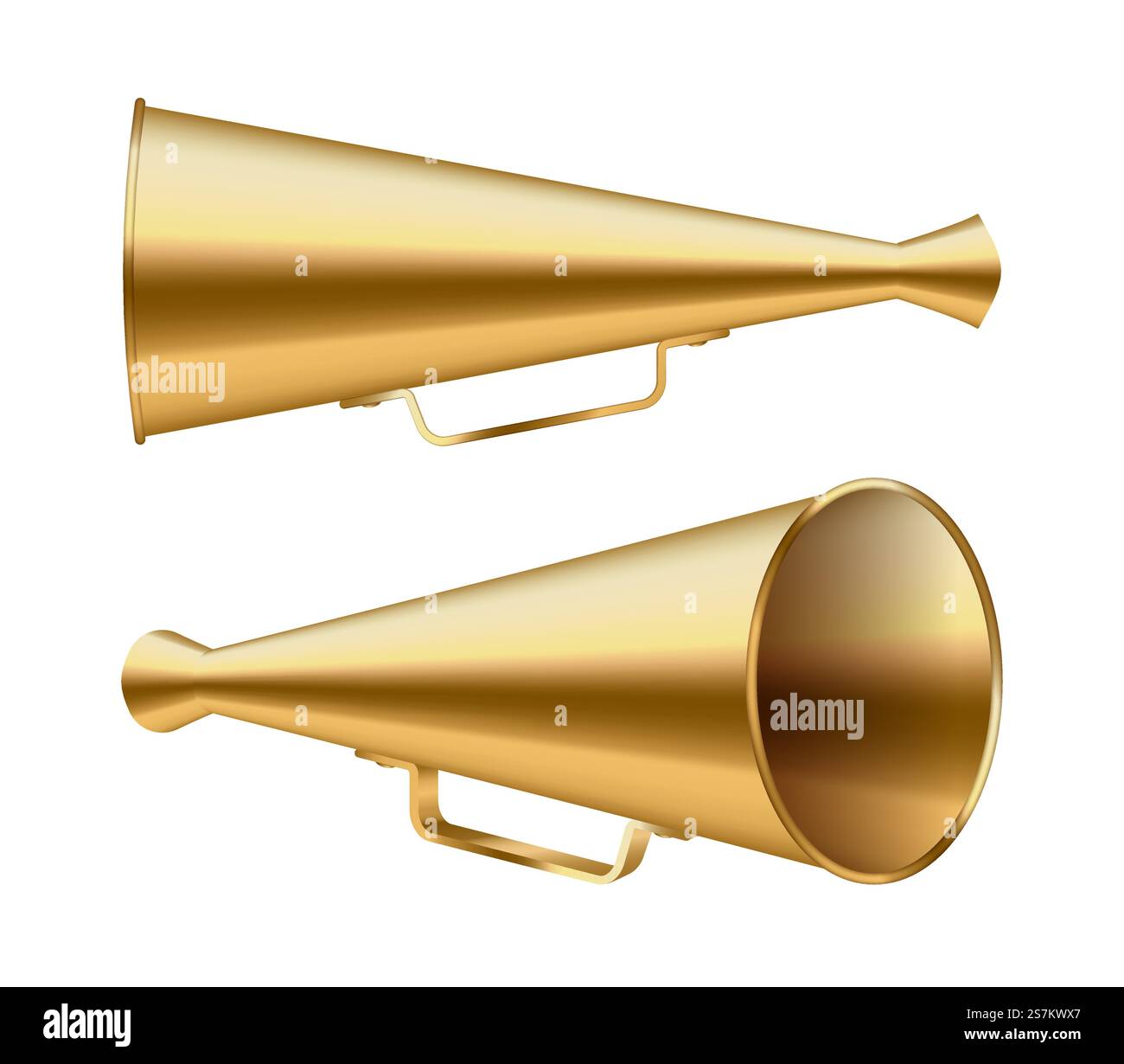 Set of vintage megaphone speaker or loudspeaker bullhorn. Retro horn loudhailer, sound amplifier ...