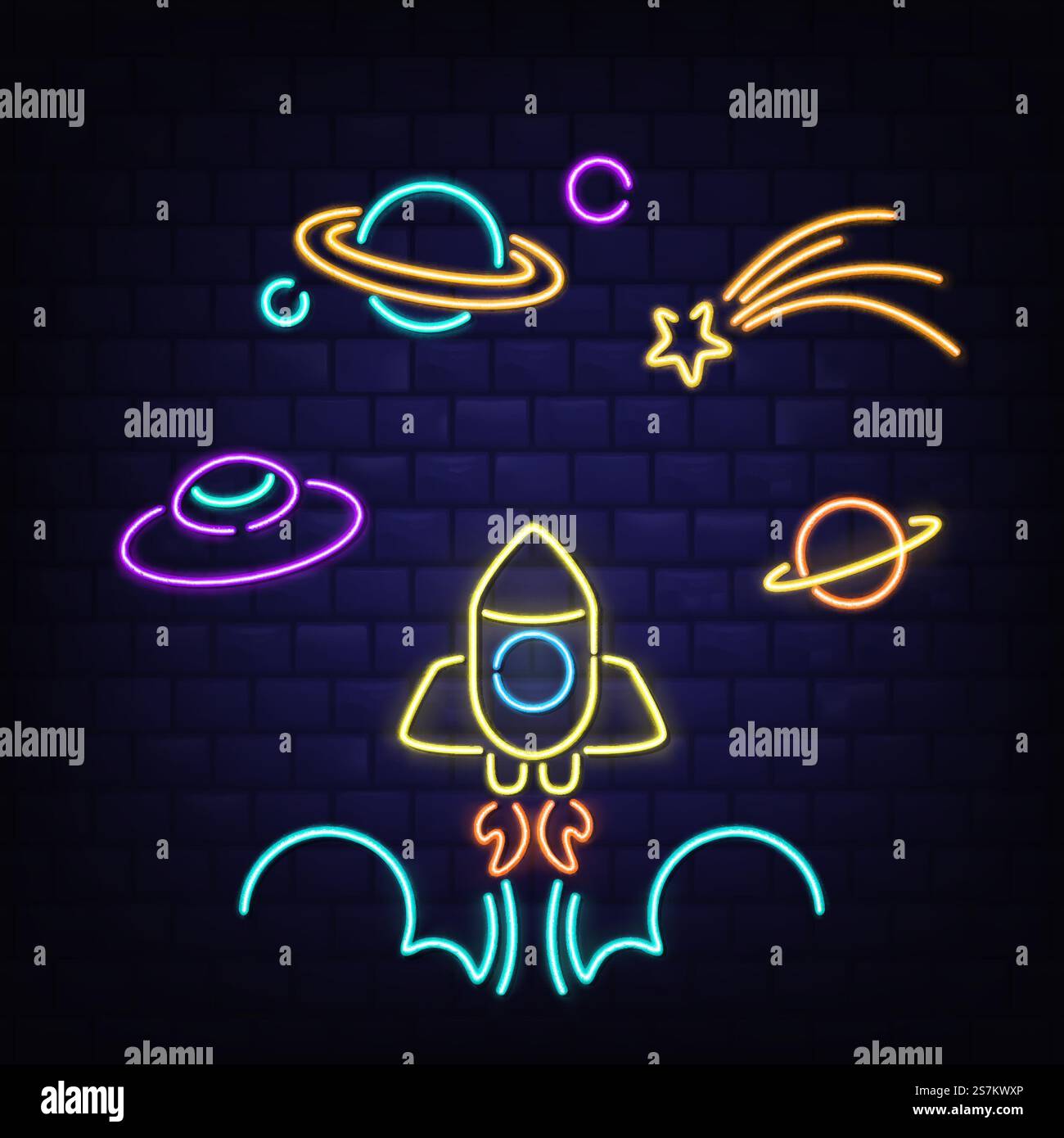 Neon space icons set, rocket, ufo, Saturn planet and comet signs ...