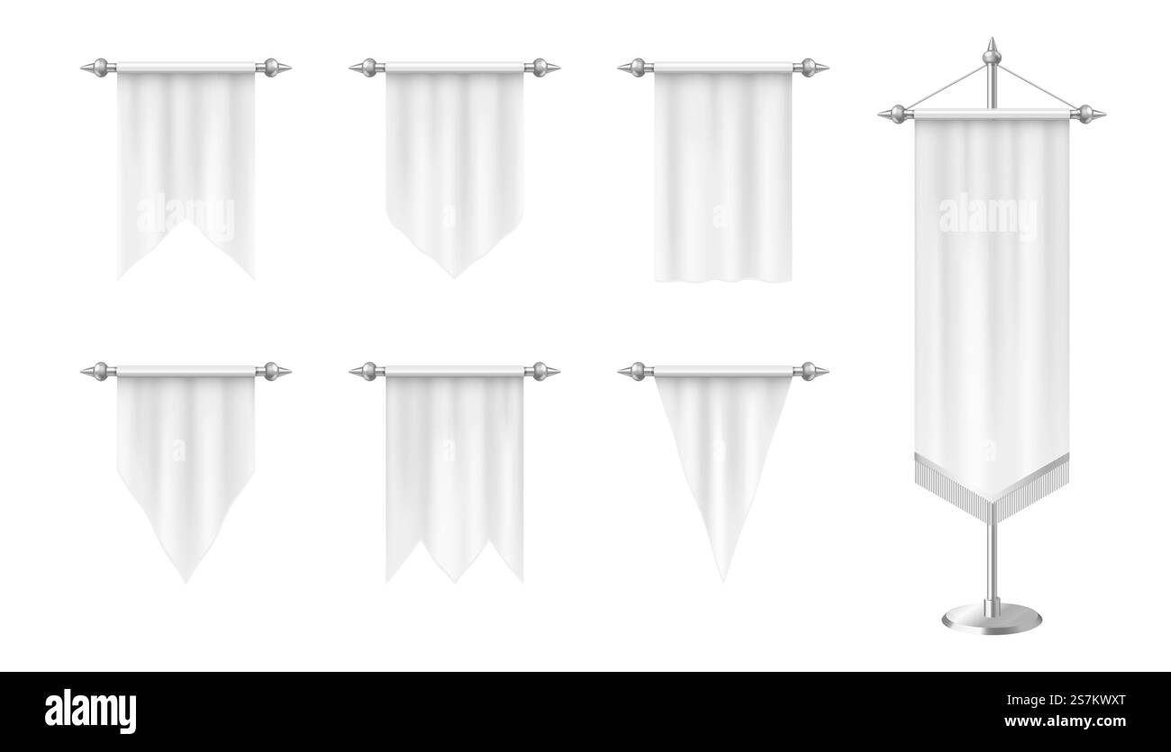 Realistic white pennants, vertical flags mockup isolated on white ...