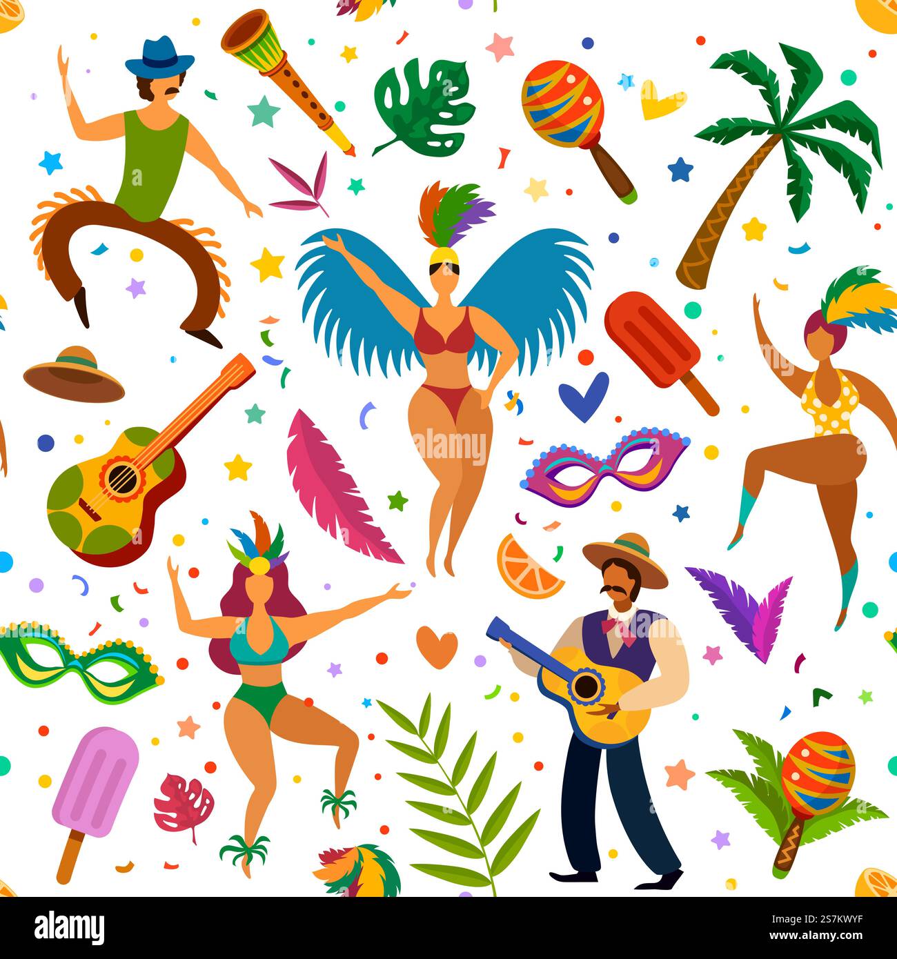 Brazilian carnival seamless pattern. Dancers and maracas, palm tree ...