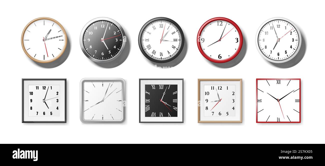 Set of realistic clocks and watches for office. Wall clocks round and ...