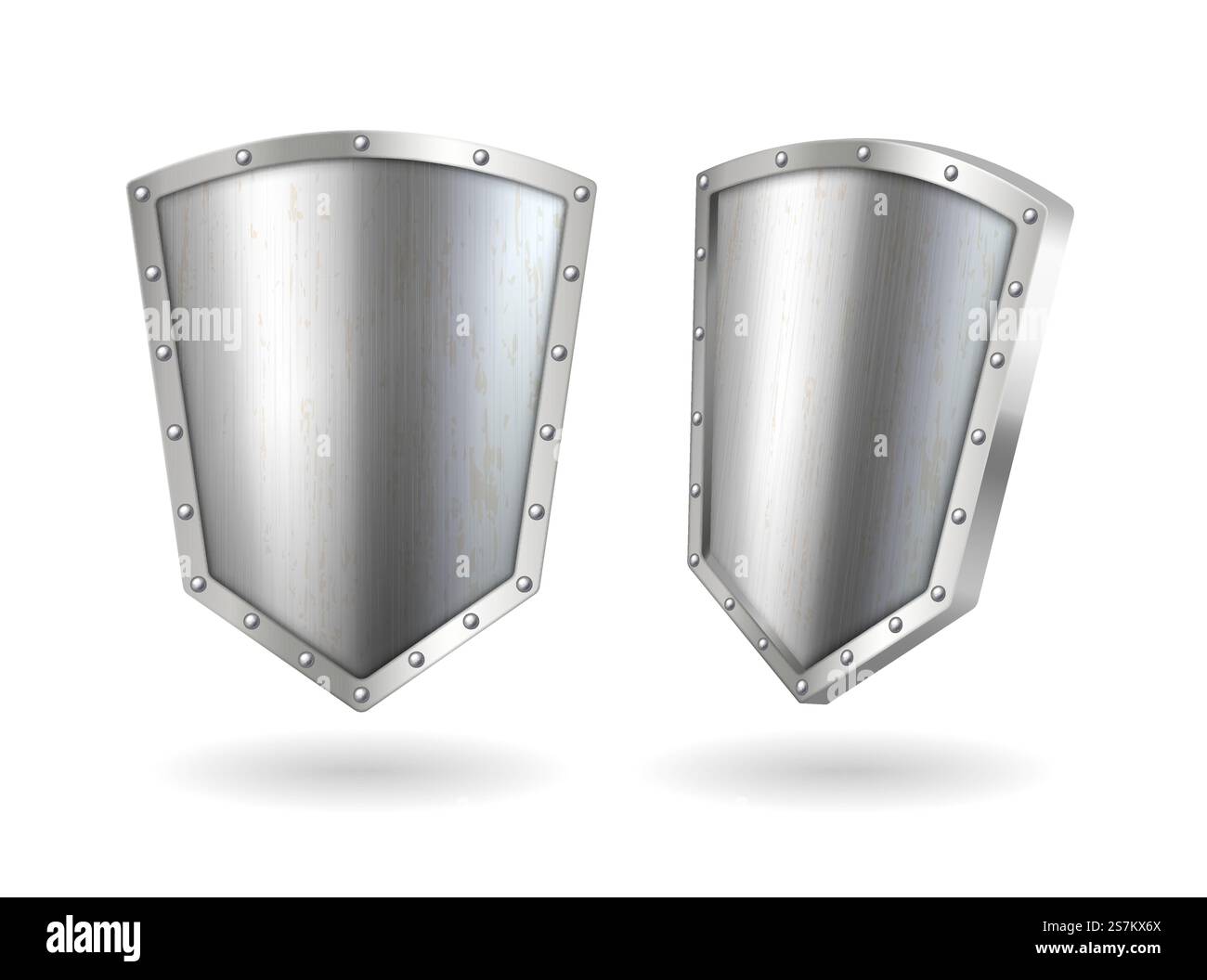 Shining metal shields, blank silver or steel metallic screens with ...