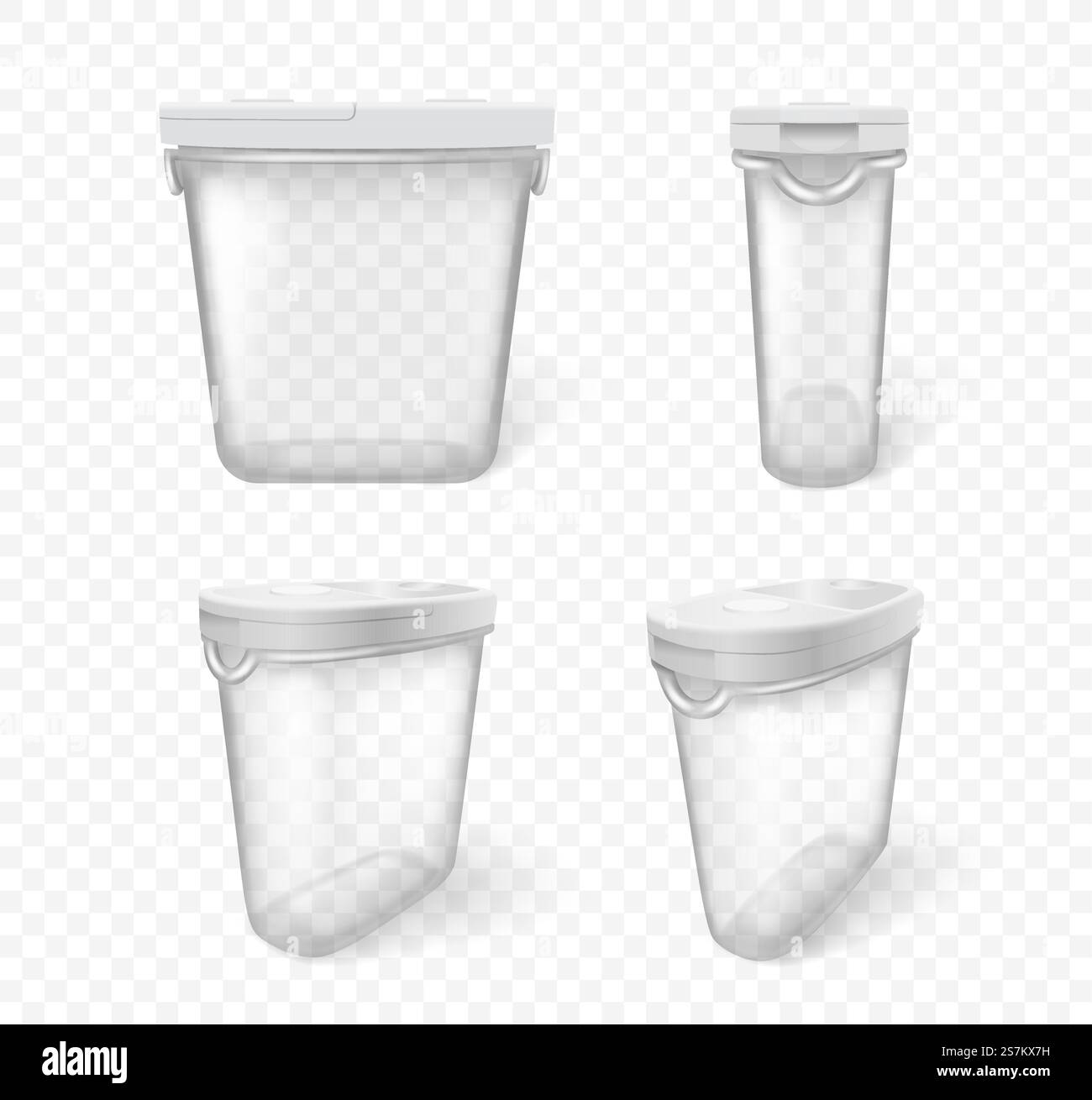 Empty plastic food containers realistic transparent with white cap on ...