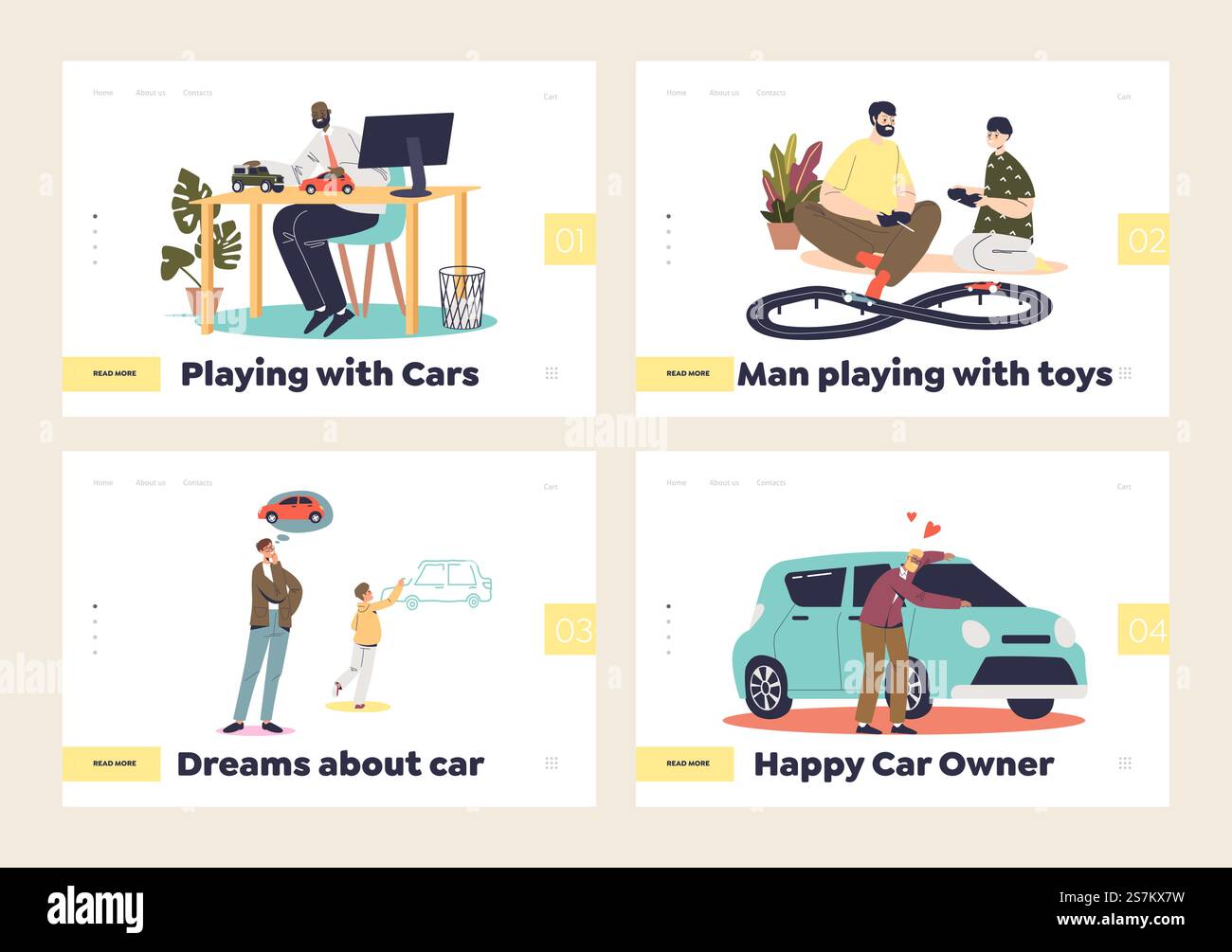 Set of landing pages with men love cars concept and happy cartoon ...