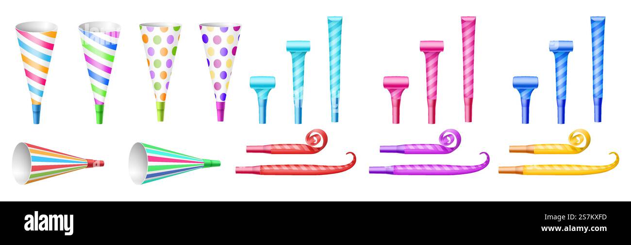 Set of different party whistles: paper horns and pipe blowers ...