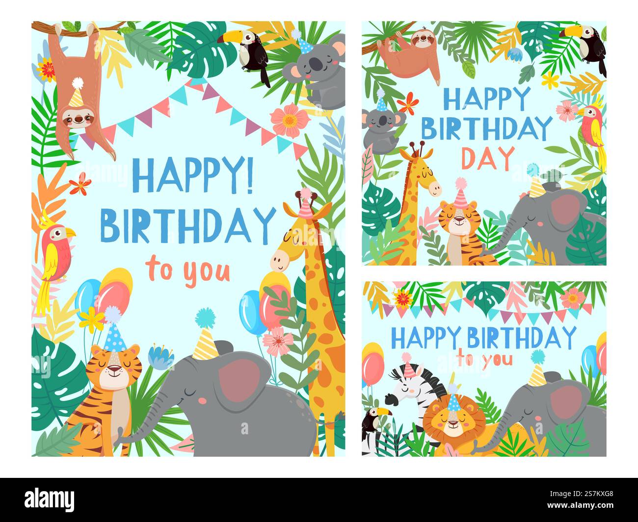 Cartoon happy birthday animals card. Congratulations cards with cute ...