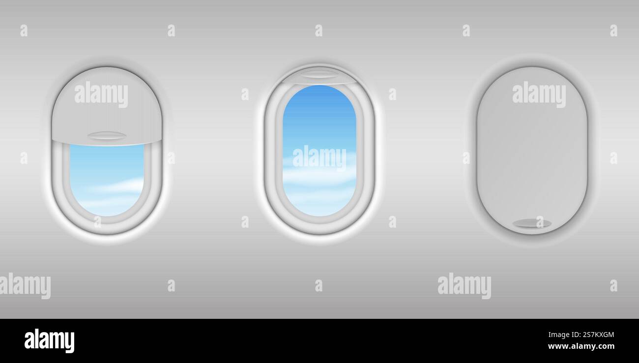 Realistic detailed 3d airplane window with blue sky view set. Porthole ...
