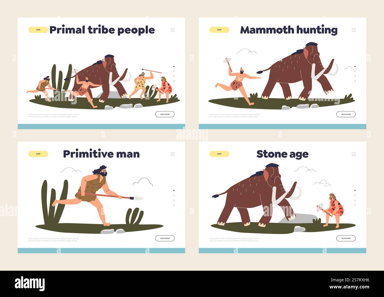 Set of landing pages with prehistoric, primal tribe primitive cavemen ...