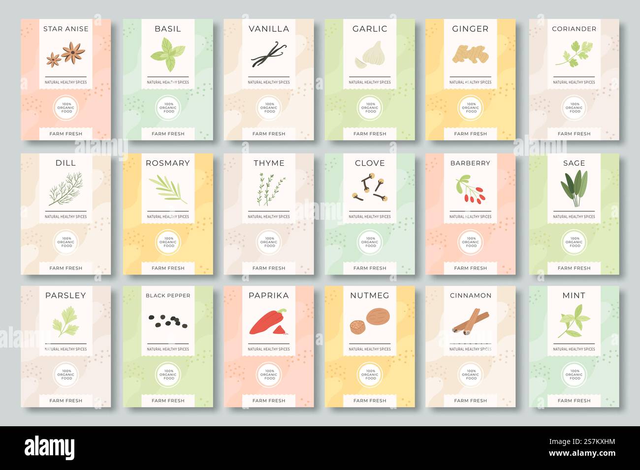Spices labels. Different aromatic herbs and spices color packaging for ...