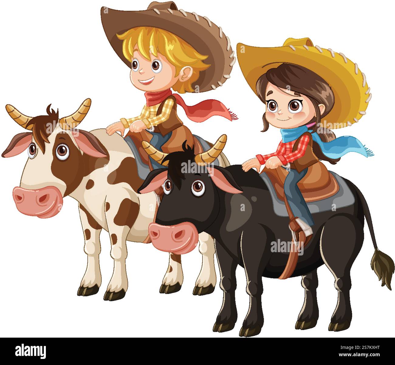Two kids riding cows, wearing cowboy hats Stock Vector Image & Art - Alamy