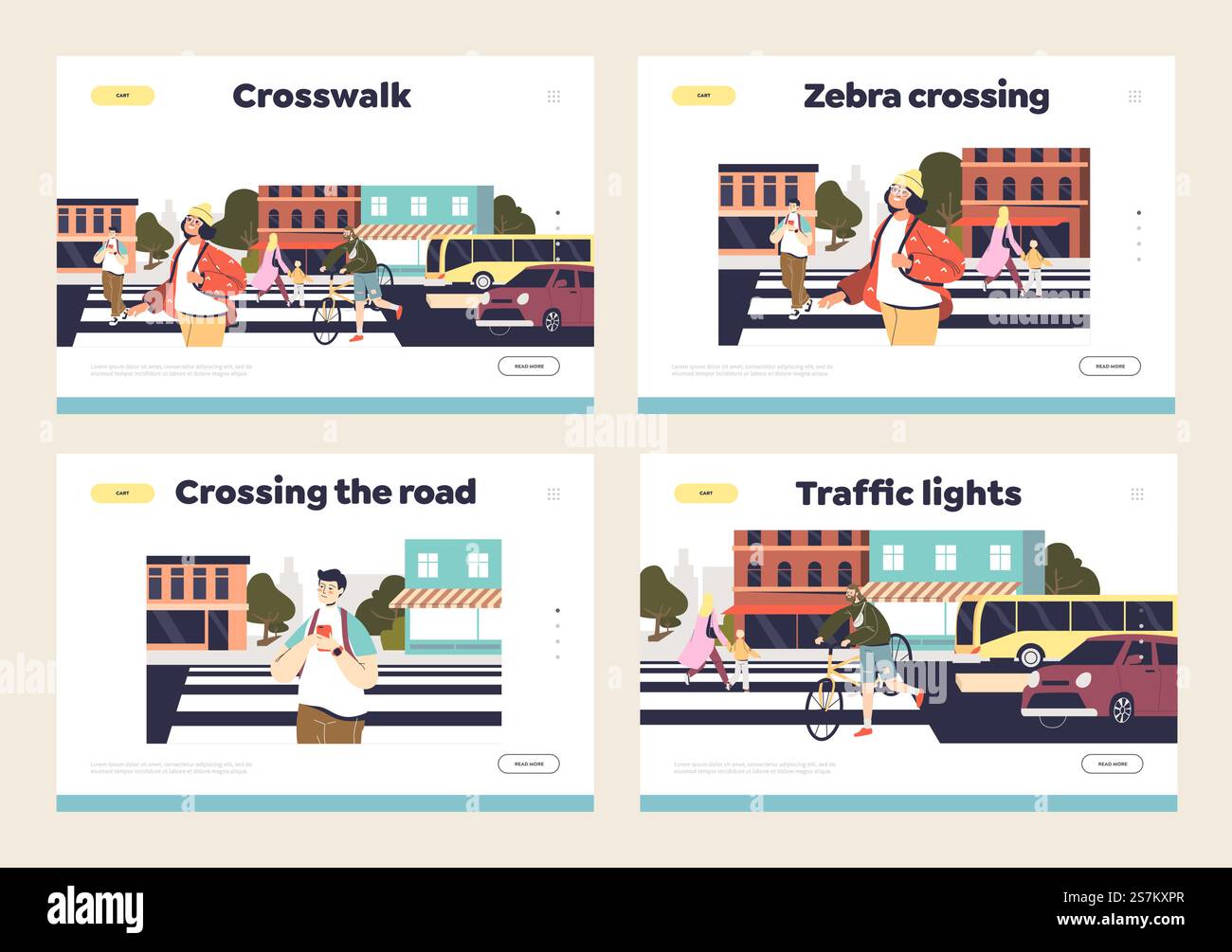 Safe crossing of road and pedestrian safety concept of set of landing ...