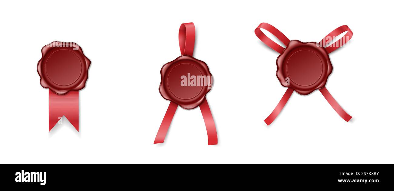 Red seal wax stamp with satin ribbons isolated. Set of retro stamps for ...