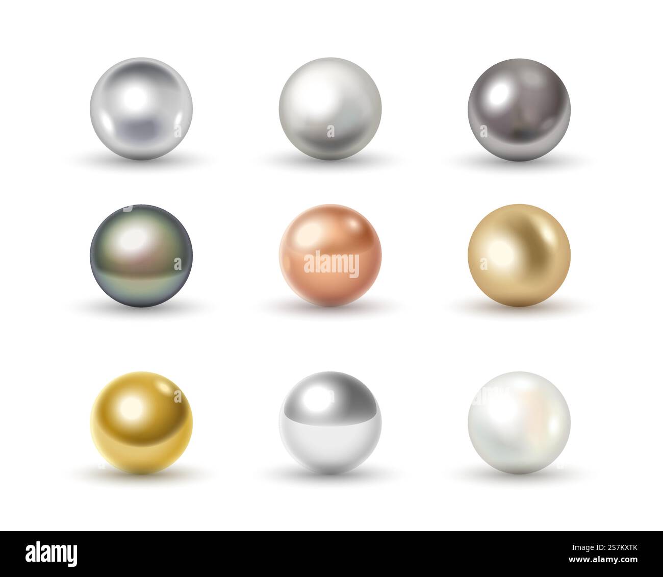Set of metal balls: golden, chrome, silver, bronze and white 3d spheres ...