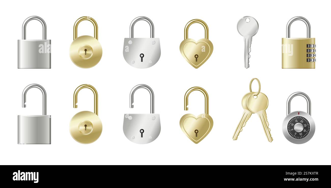 Set of realistic padlocks and keys golden and silver metallic lockers ...