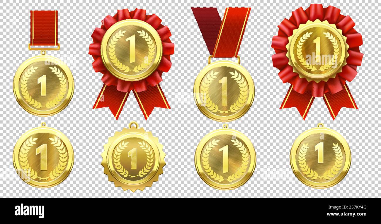 Realistic gold medal. Champion medals with number one and red ribbons. Sports competition first ...
