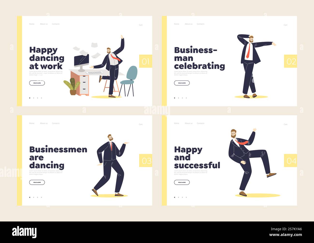 Set of landing pages with happy and successful businessman dancing ...