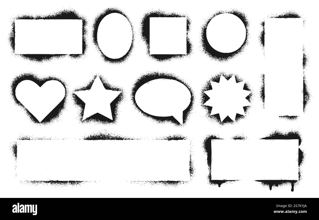 Stencil frames. Dirty texture border, black grunge paint, shape ...