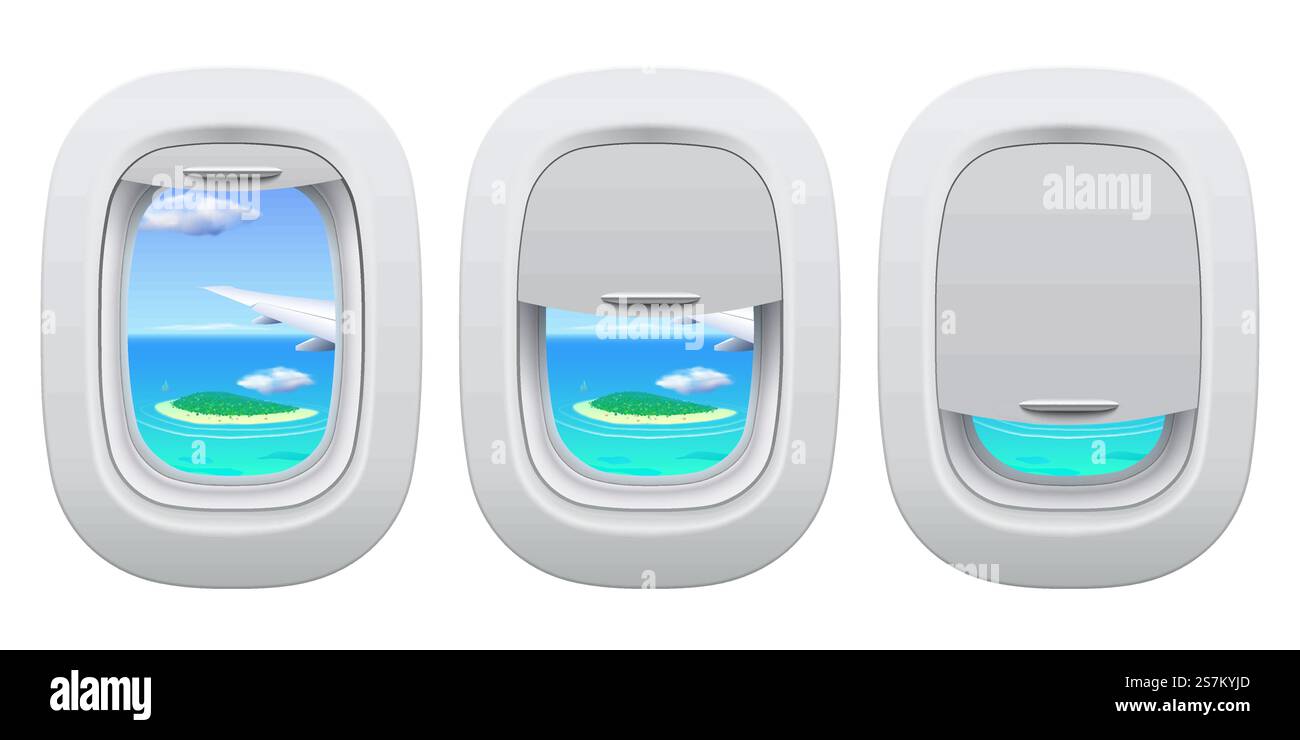 Airplane porthole view. Plane open and closed window inside view for island in ocean. Traveling ...