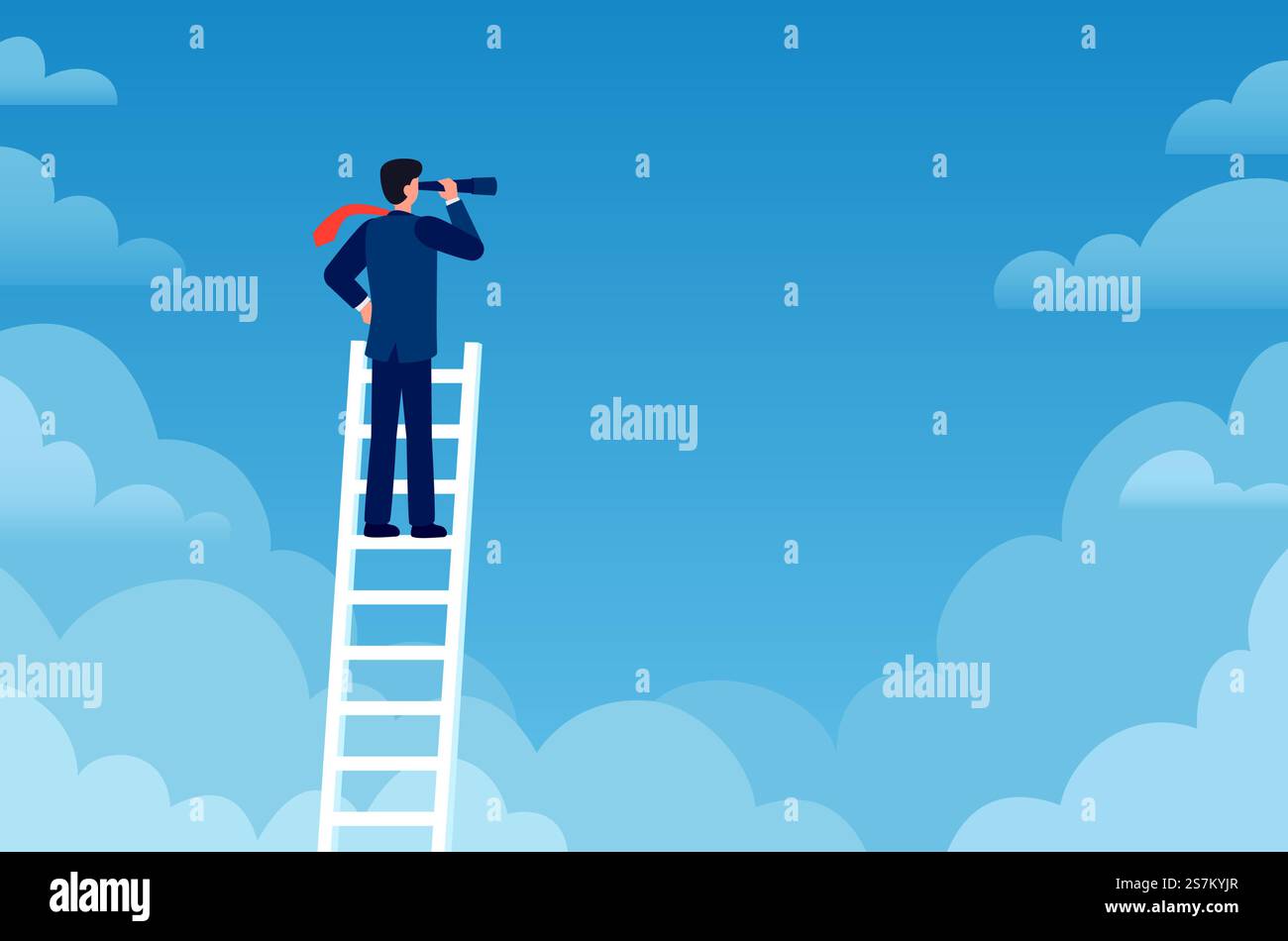 Business vision. Businessman stands on career ladder with telescope ...