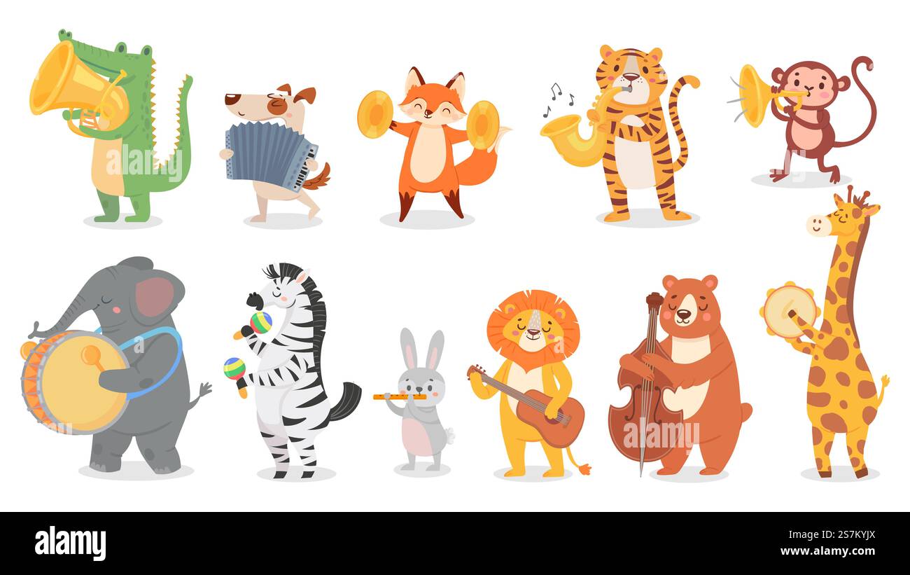 Animals play music. Cute animal playing music instruments, monkey plays ...