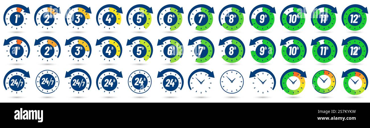 Color hours icon. Timer from 1 to 12 hours, time ago and next label ...
