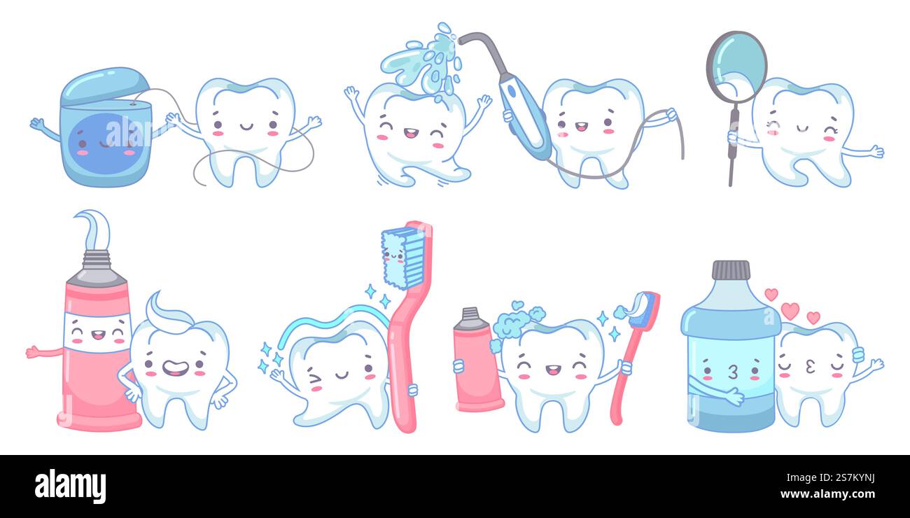 Cartoon dental care. Teeth cleaning with toothpaste and toothbrush ...