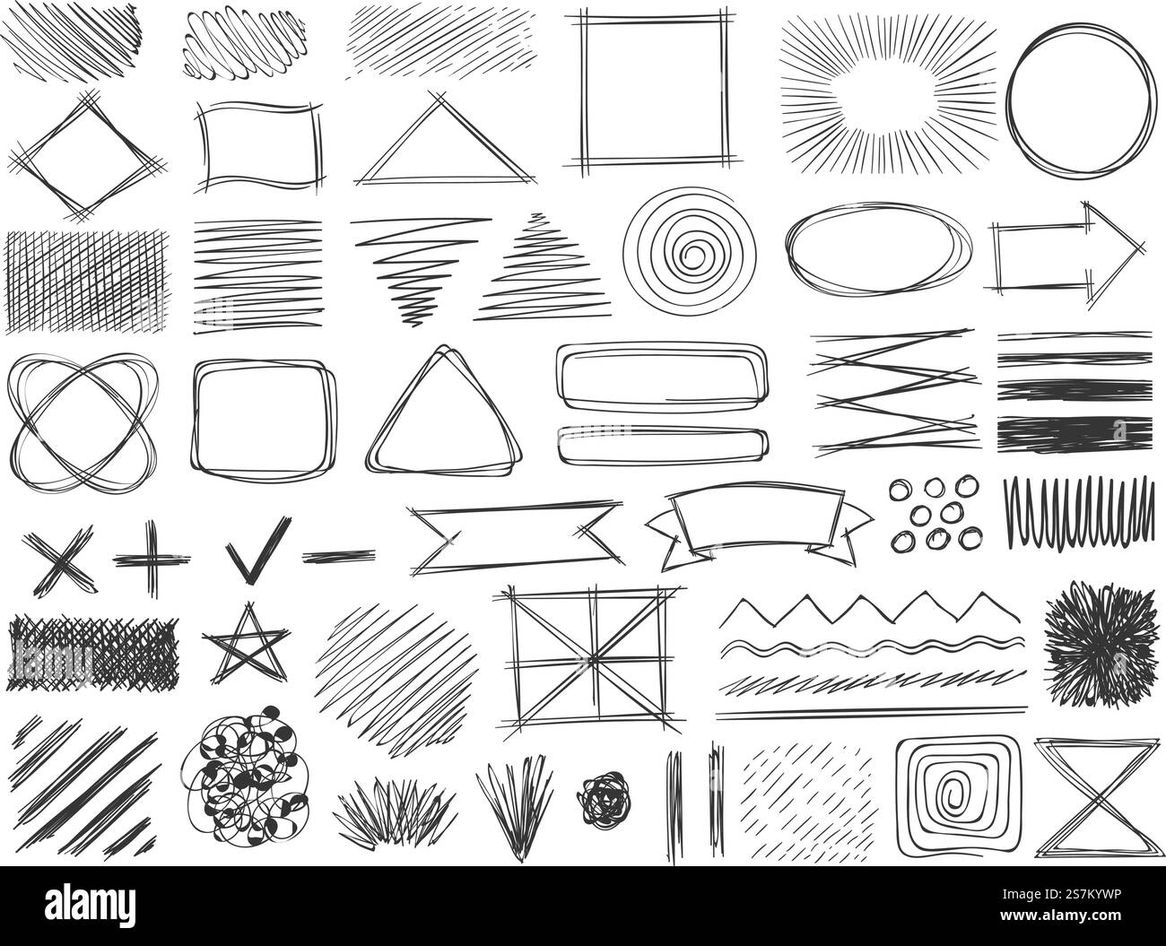 Sketch shapes. Monochrome scribble symbols, drawing pencil frame ...