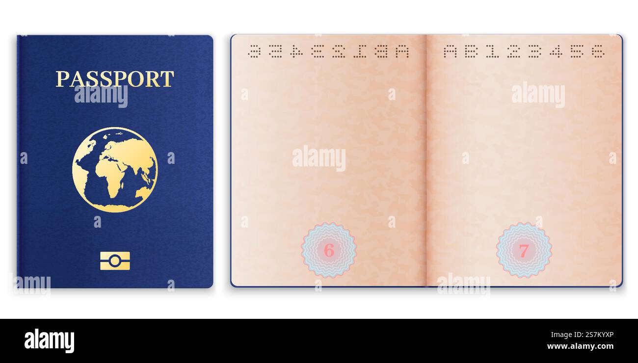 Passport mockup. Realistic blank open pages paper with watermark ...