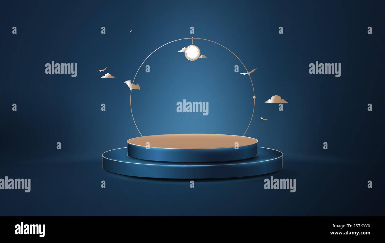 3d Dark blue and gold circle podium display with Halloween ornaments ...