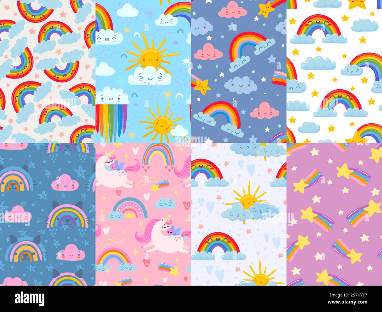 Seamless cute rainbow pattern. Sky with rainbows and clouds, magic ...
