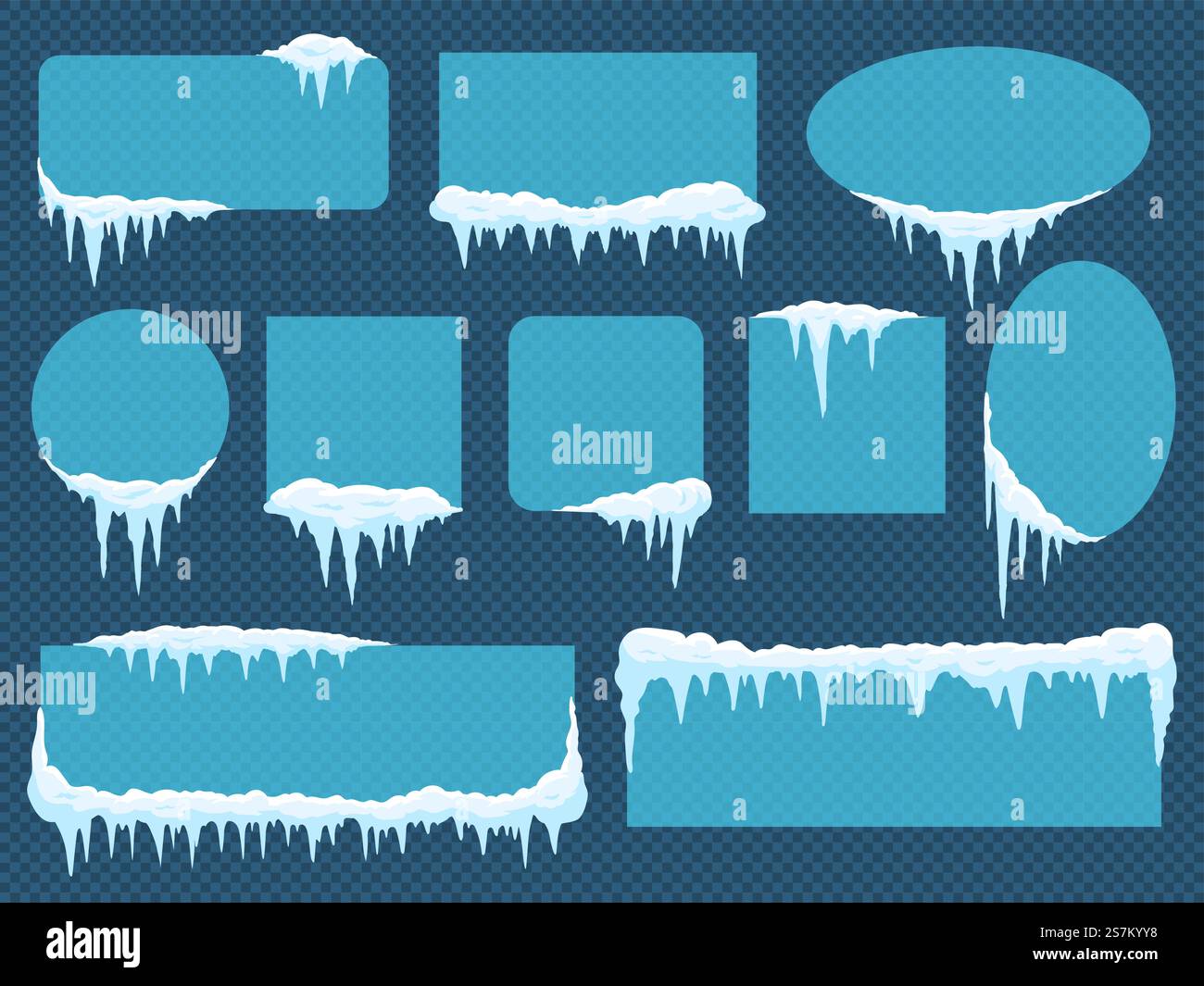 Frames with snow and ice. Frozen borders with snowflakes of different ...