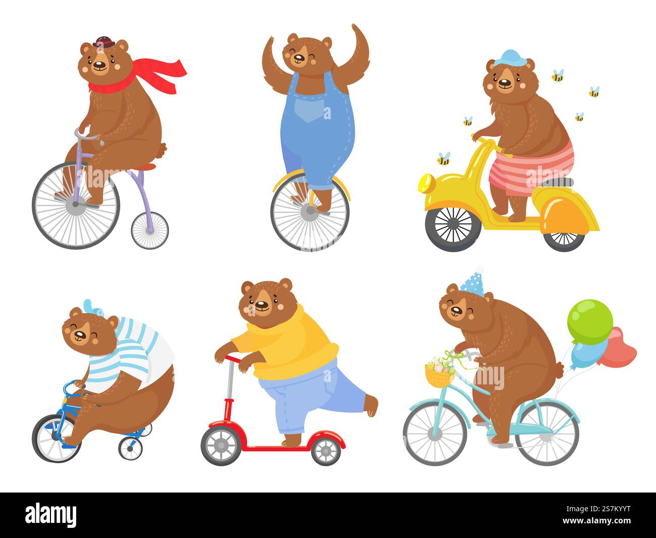 Cartoon biked bear. Bears on children tricycle, unicycle and retro bicycle. Animal riding bike ...