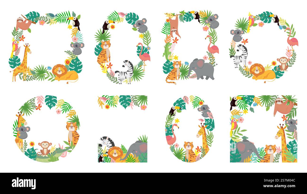 Cartoon animals frame. Jungle animal in tropical leaves, cute frames ...