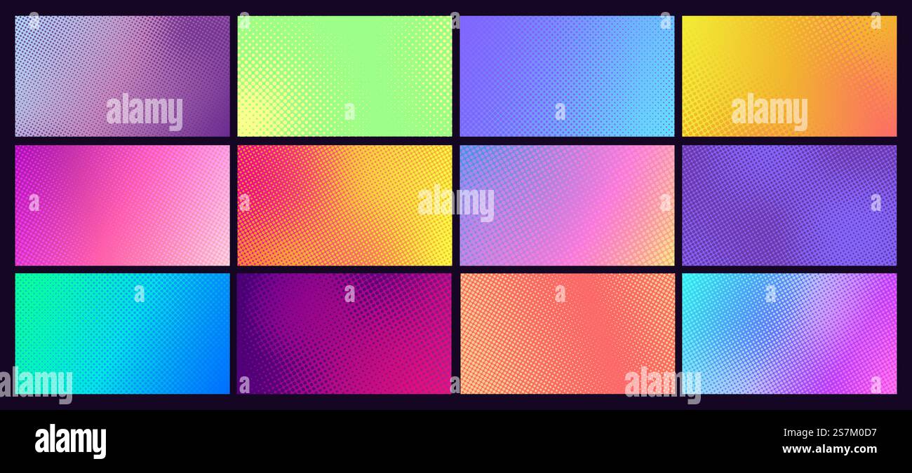Gradient halftone background set. Comic dotted pop art backdrop with ...