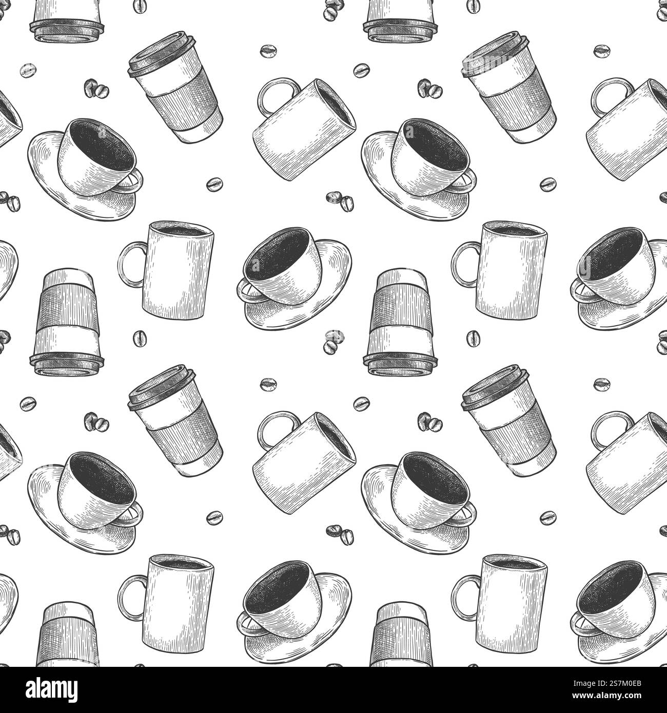 Coffee cup seamless pattern. Sketch tea and coffee cups, hot drinks ...