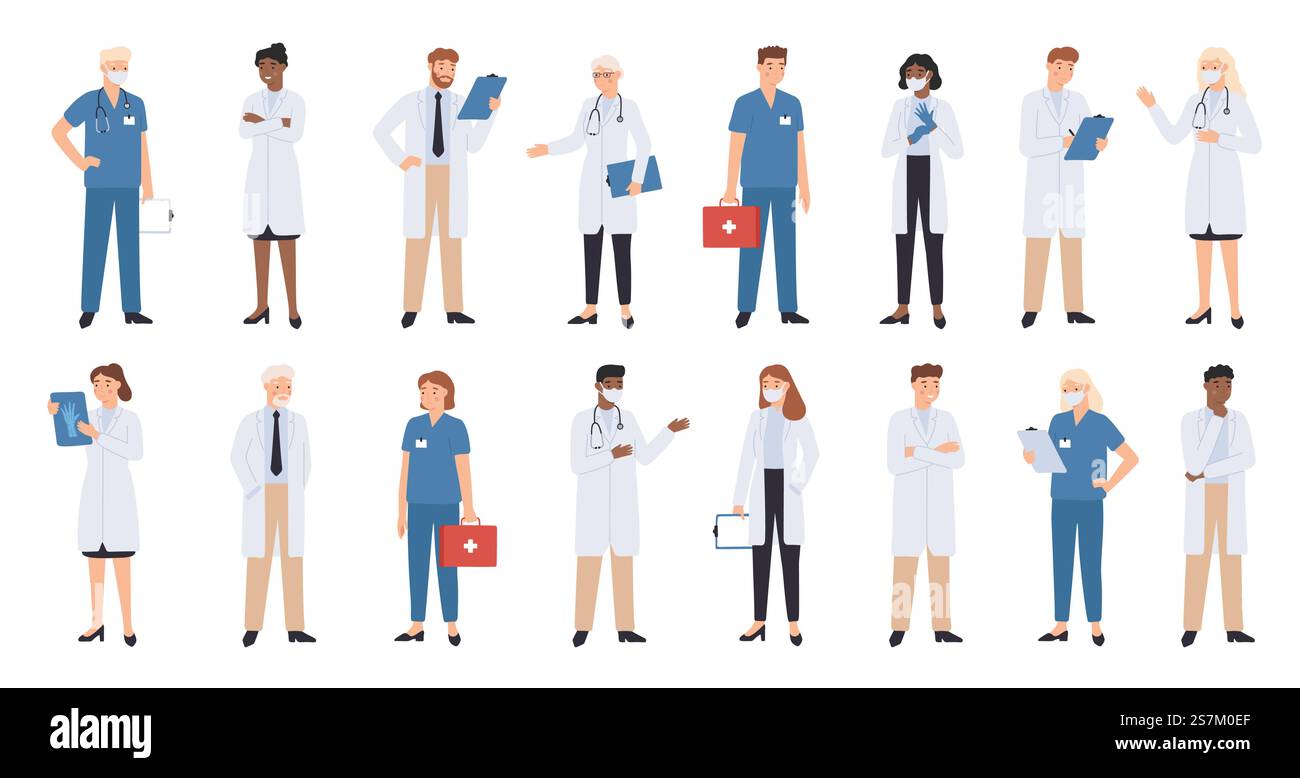 Hospital doctors and nurses. Doctor with stethoscope, nurse in scrubs ...