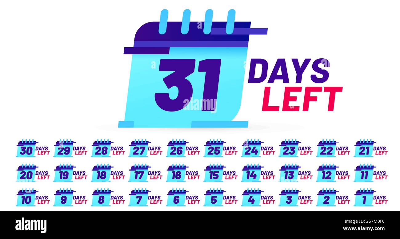 Days number left badges, countdown sticker design. Calendar page with ...