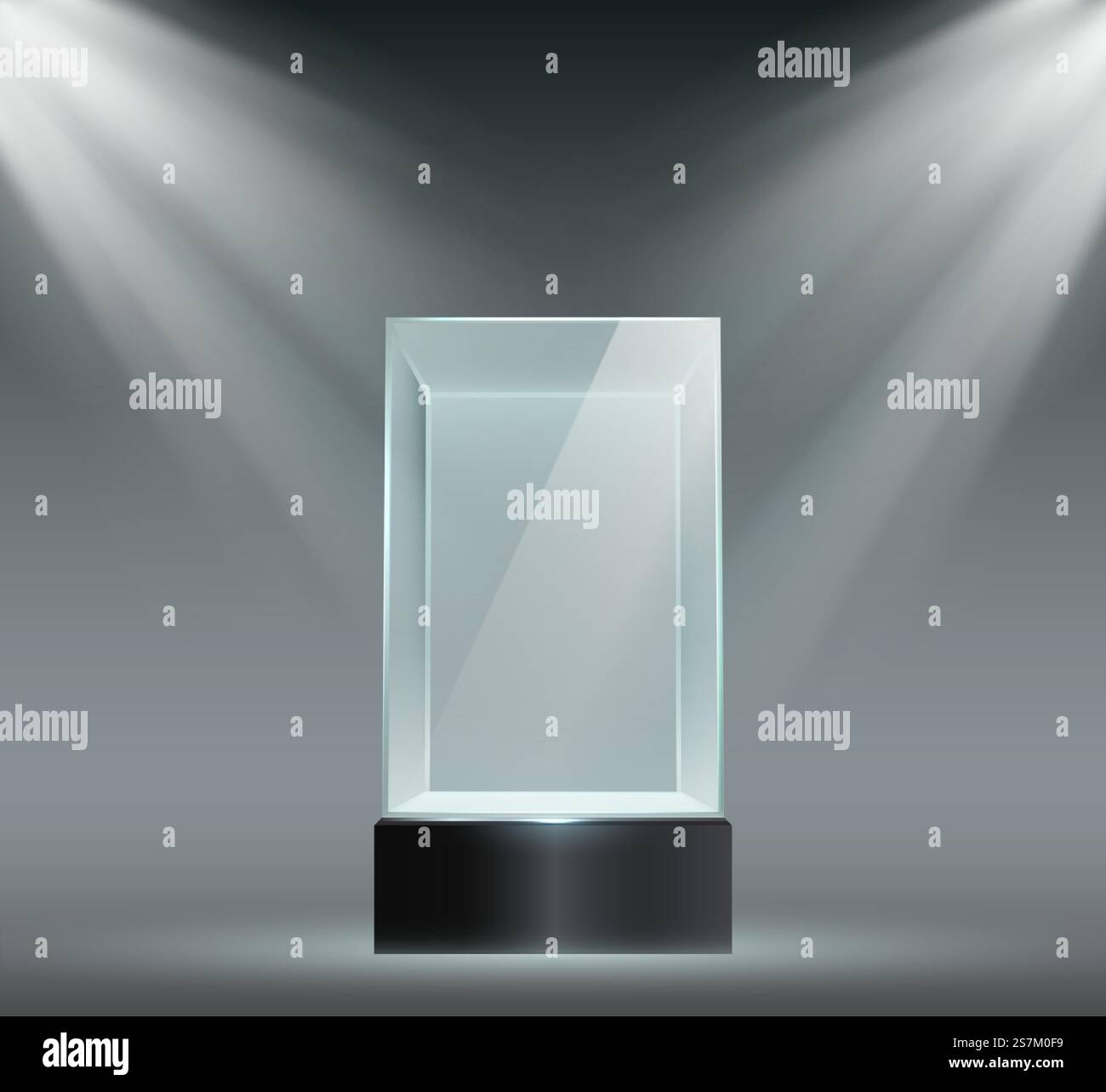 Glass showcase. Transparent plastic cube, empty product or museum ...