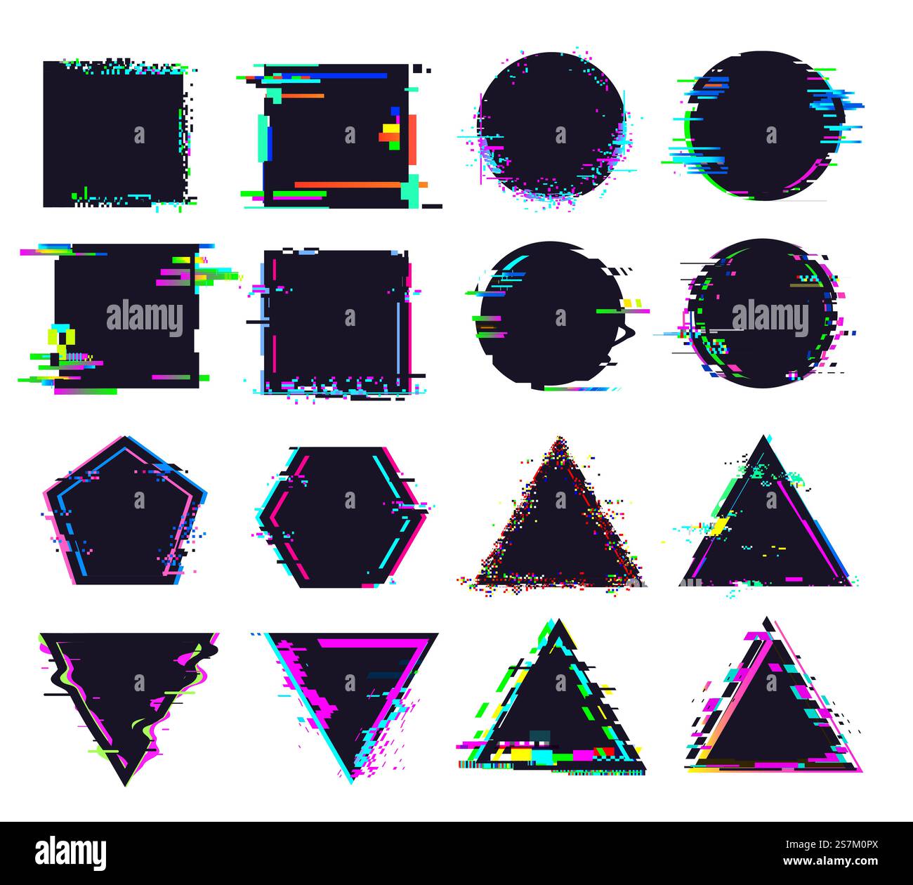 Glitch black frames of different shape. Distorted signal, square and round, triangle and ...